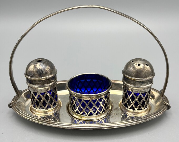 Vintage Cobalt Blue Condiment Set on Metal Tray - Etsy