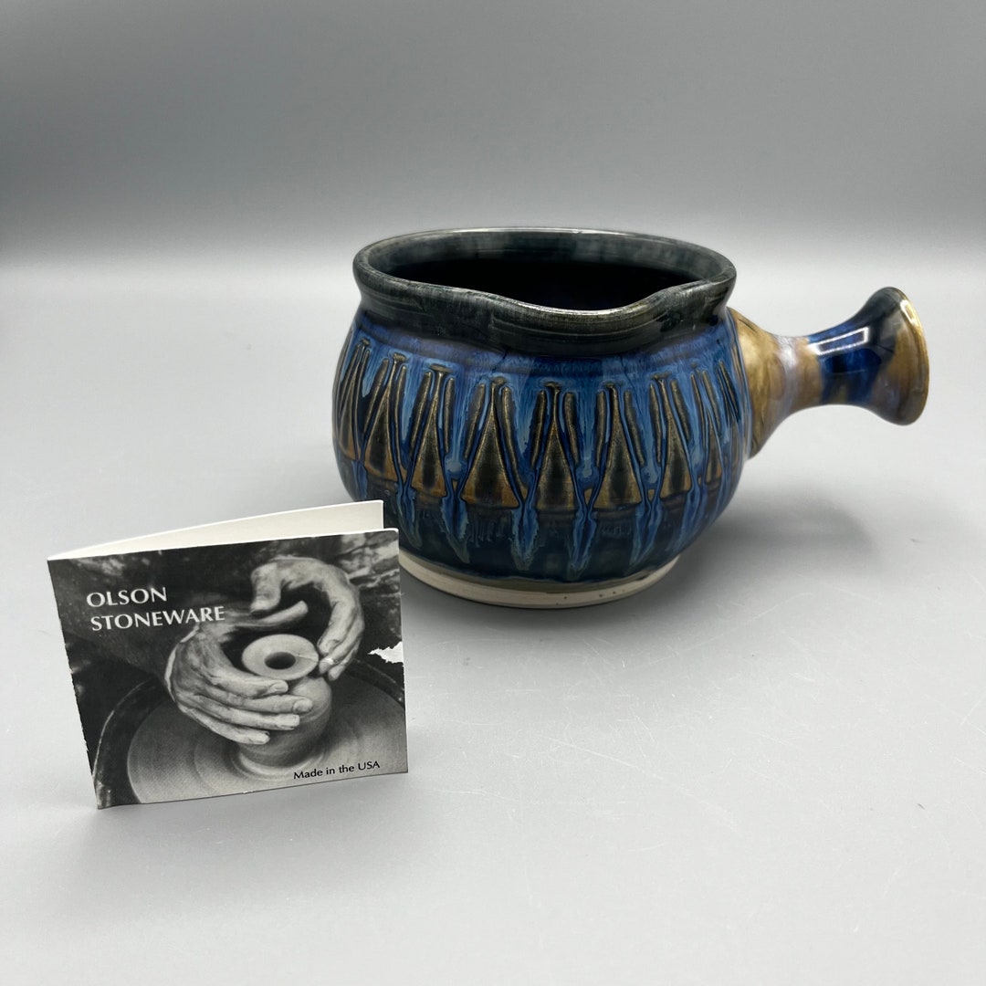 Signed Olson Stoneware Soup Bowl With Handle, Blue Drip Glaze - Etsy