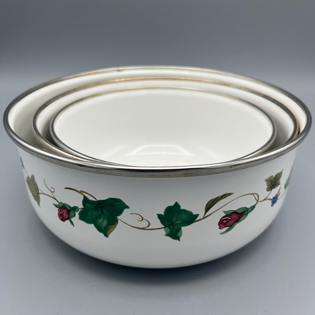Set of Three Lenox Nesting Enamelware Bowls With Flower and Leaf Design ...