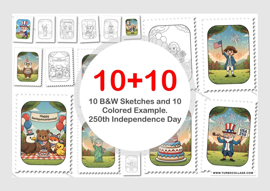 250th Independence Day Coloring Book, 10 B&W Sketches, 10 Colored ...