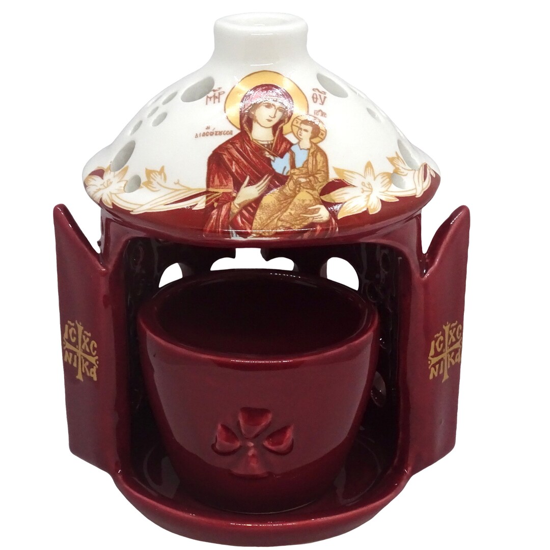 Greek Orthodox Ceramic Vigil Lamp, Holy Theotokos, Burgundy Byzantine ...