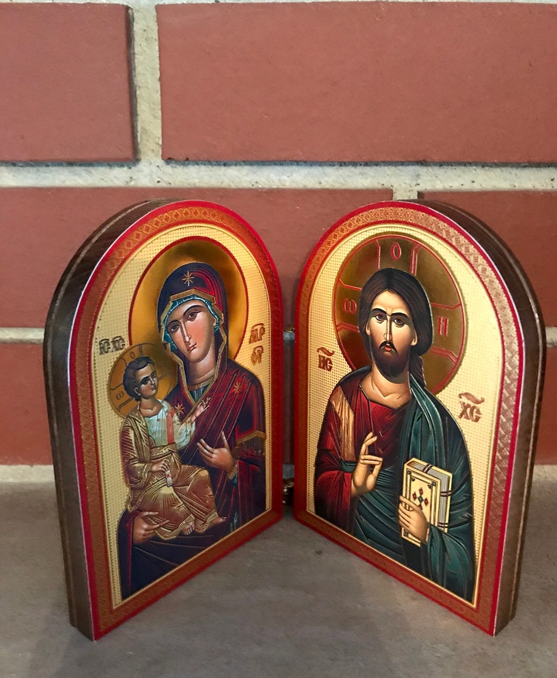 Greek Orthodox Walnut Wood Diptych With Gold-foil Embossed Icons - Etsy