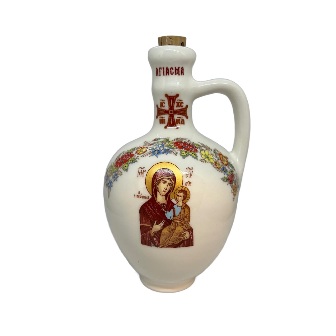 Greek Orthodox Ceramic Holy Water Jug, Theotokos Icon, Agiasma Bottle ...