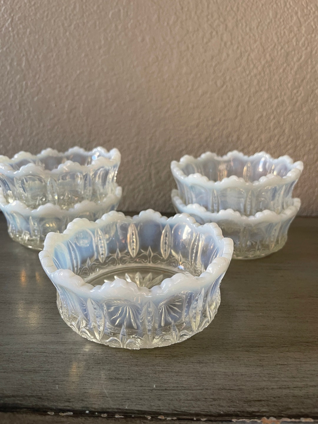 Early 1900 Set of 5 Jefferson Glass Company Meander White Opalescent ...