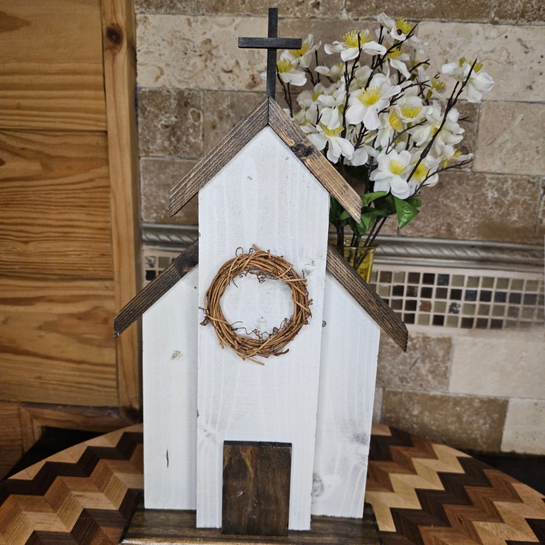 Handmade Wooden Farmhouse Church – Rustic Shelf Sitter, Table Decor ...