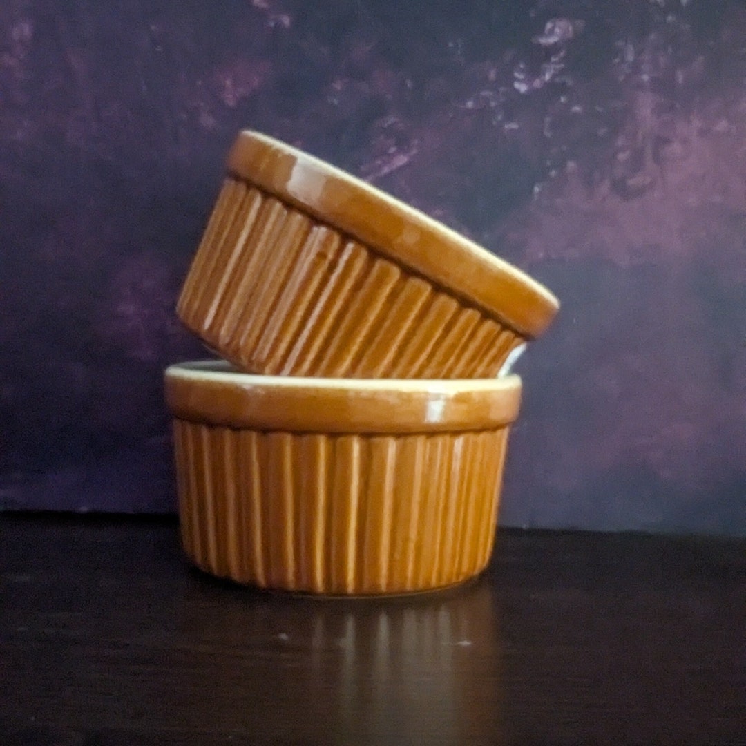 Brown Stoneware Ribbed Ramekin Set of 2 Souffle Pudding Dish, Brown ...