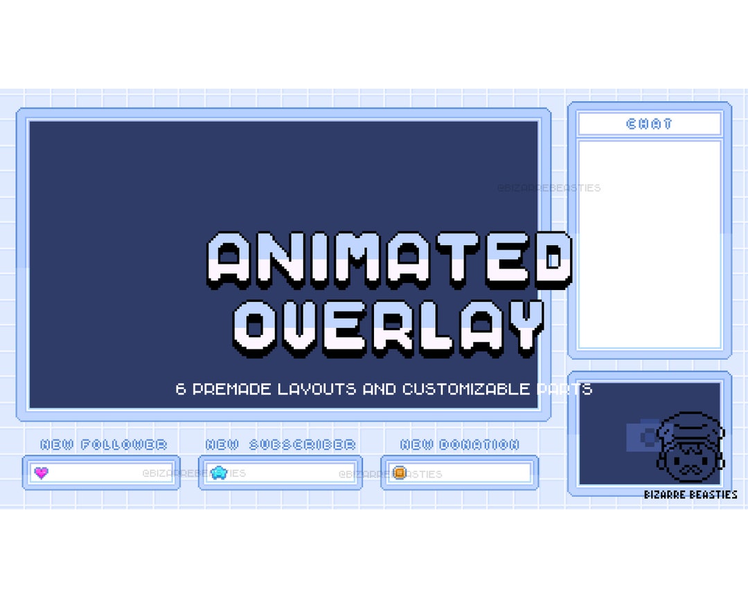 Cute Pixel Art Animated Stream Overlay Pack: Simple, Twitch, Youtube, Chat, Webcam, Vtuber ...