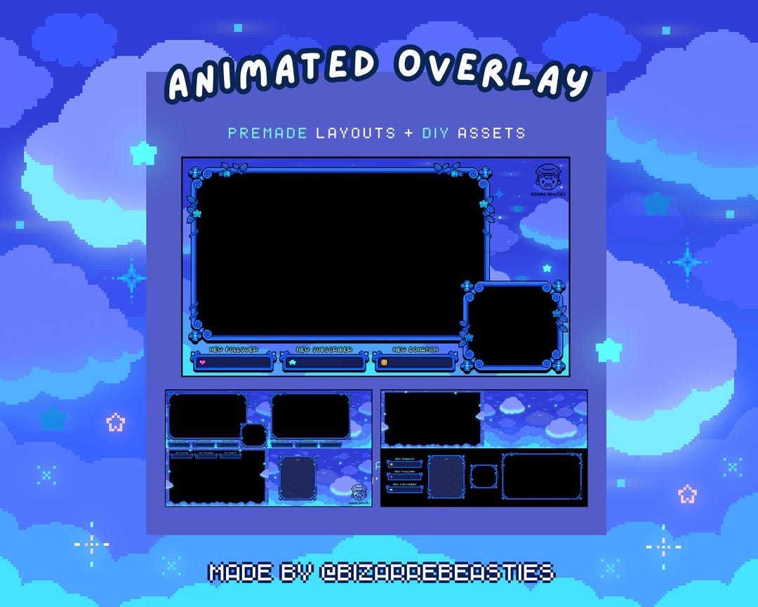 Cute Animated Twitch Overlay Pack ~ Blue Pixel Art Stream Overlay ...