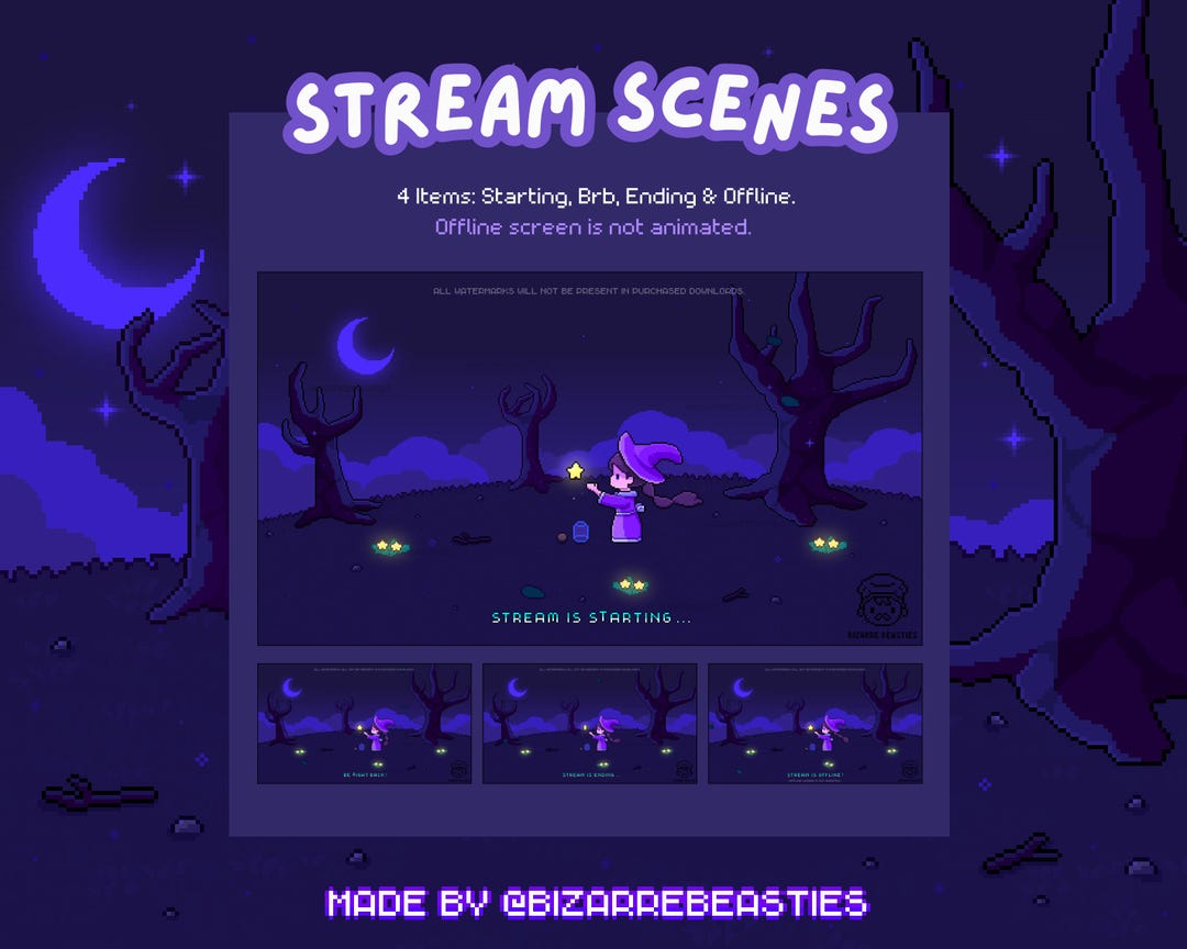 Cute 4x Animated Twitch Stream Screen Pack - Purple Pixel Art Animation ...