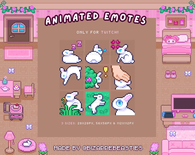 Twitch Animated Emotes Kawaii Pixel Pink Rabbit Plushie for Twitch ...