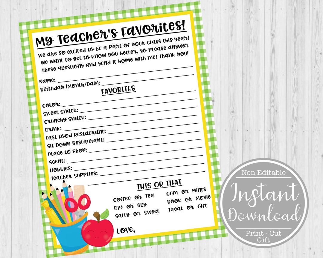 INSTANT DOWNLOAD - Teacher Appreciation Survey Printable - Teacher ...