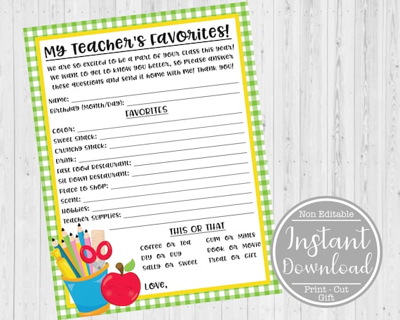 INSTANT DOWNLOAD Teacher Appreciation Survey Printable | Etsy