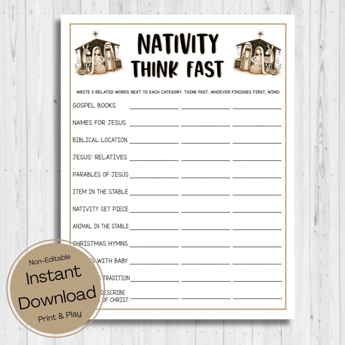 INSTANT DOWNLOAD Christmas Bible Think Fast Game Printable - Holiday ...