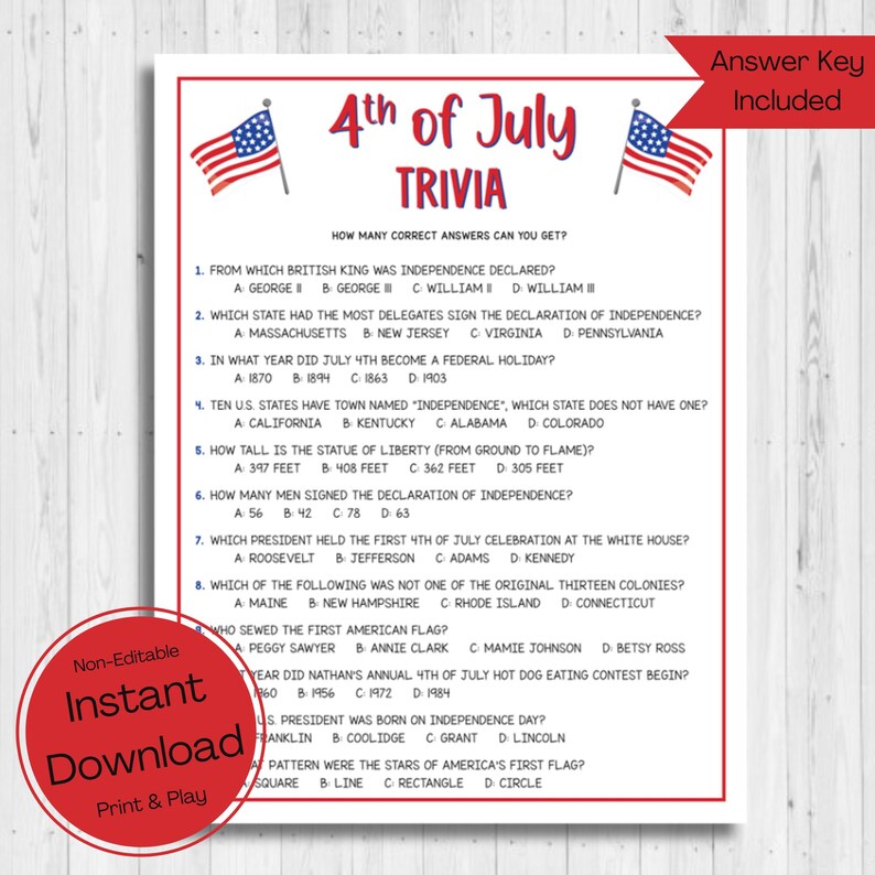 INSTANT DOWNLOAD 4th of July Trivia Game Printable - Independence Day ...