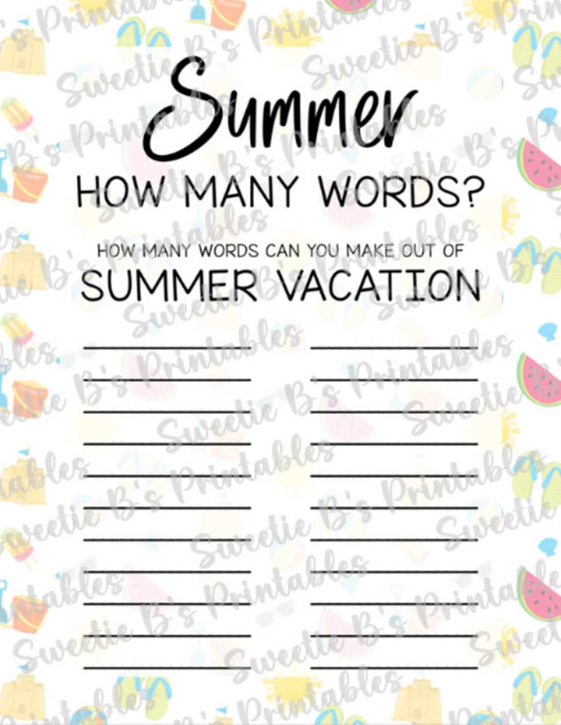 INSTANT DOWNLOAD Summer How Many Words Game Printable Summer Game ...