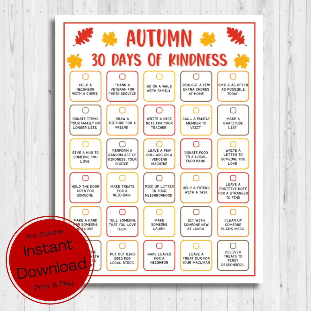 INSTANT DOWNLOAD Autumn 30 Days of Kindness Printable - Autumn Game ...