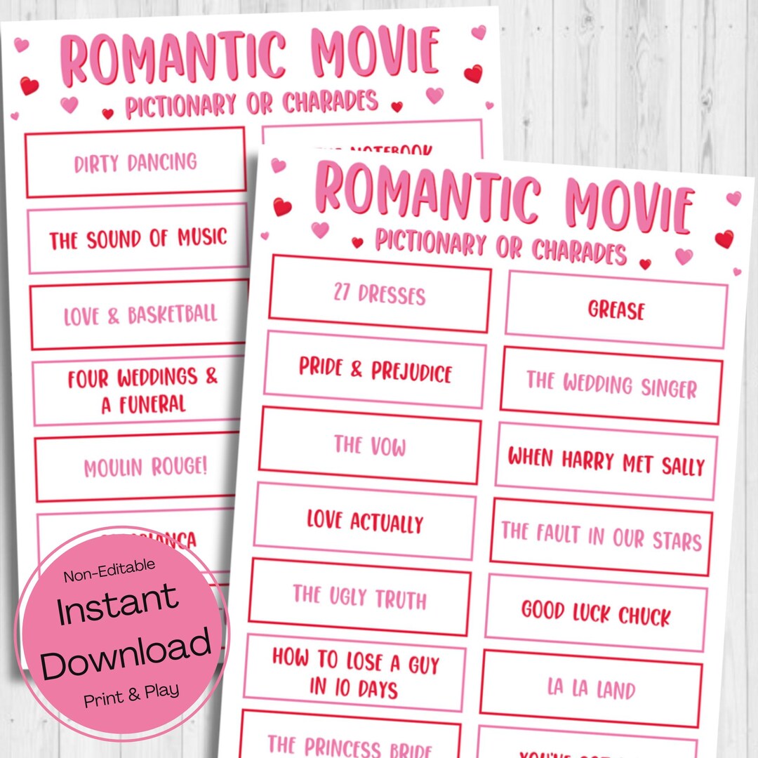INSTANT DOWNLOAD Romantic Movie Pictionary or Charades Printable ...