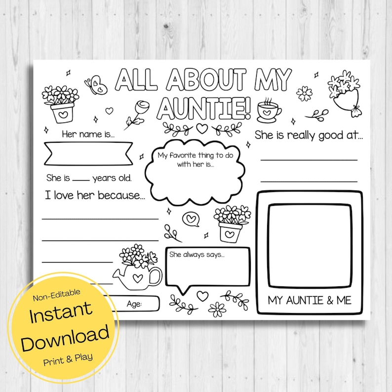 INSTANT DOWNLOAD - All About My Auntie Printable - Auntie Gift ...