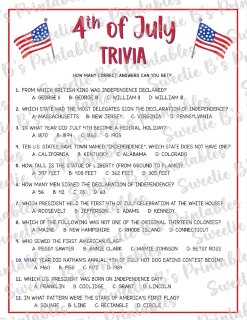 INSTANT DOWNLOAD 4th of July Trivia Game Printable - Independence Day ...