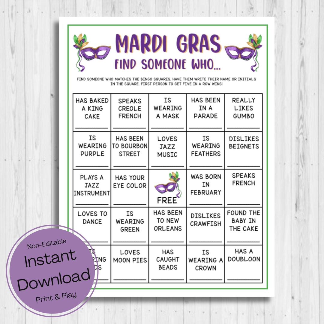 INSTANT DOWNLOAD Mardi Gras Mix & Mingle Bingo Printable - Mardi Gras ...