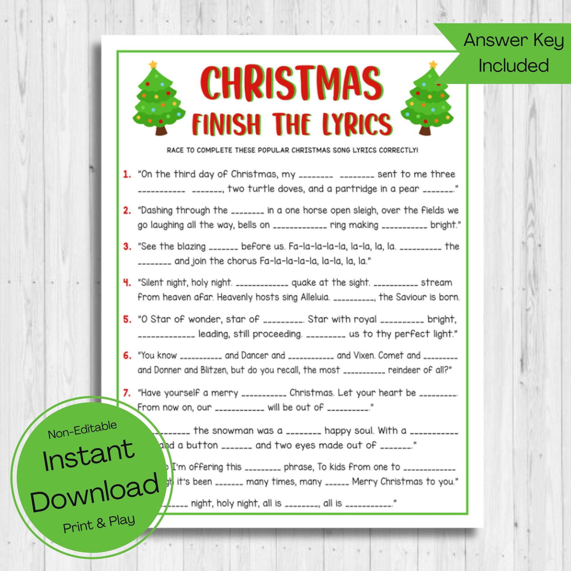 INSTANT DOWNLOAD Christmas Finish the Lyrics Game Printable - Holiday ...