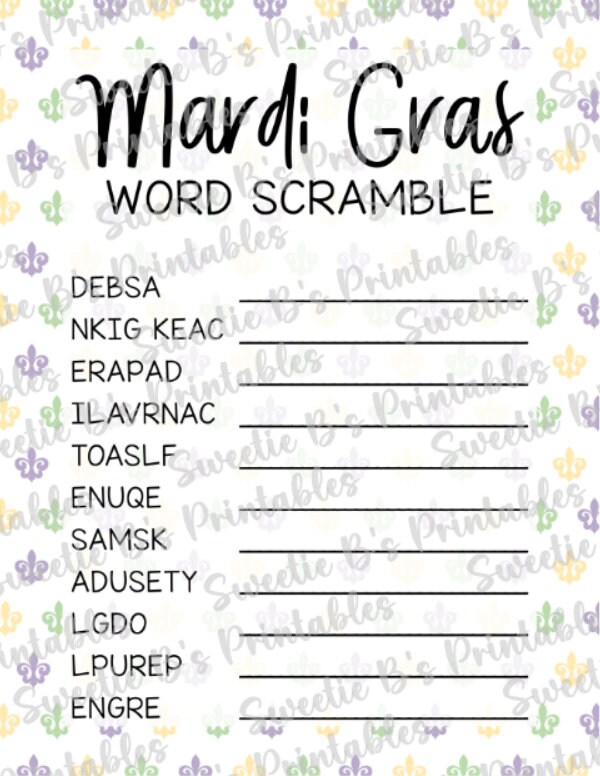 INSTANT DOWNLOAD Mardi Gras Word Scramble Game Printable Mardi Gras ...