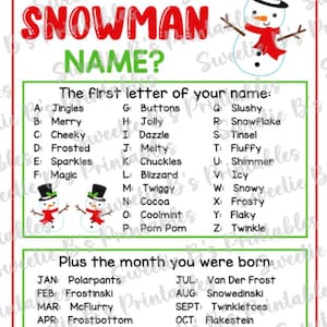 INSTANT DOWNLOAD What's Your Snowman Name Printable - Holiday Party ...