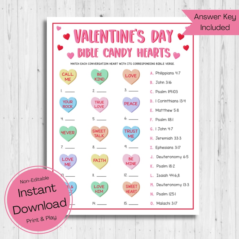 INSTANT DOWNLOAD Valentine's Day Candy Heart Bible Verse Trivia Game ...
