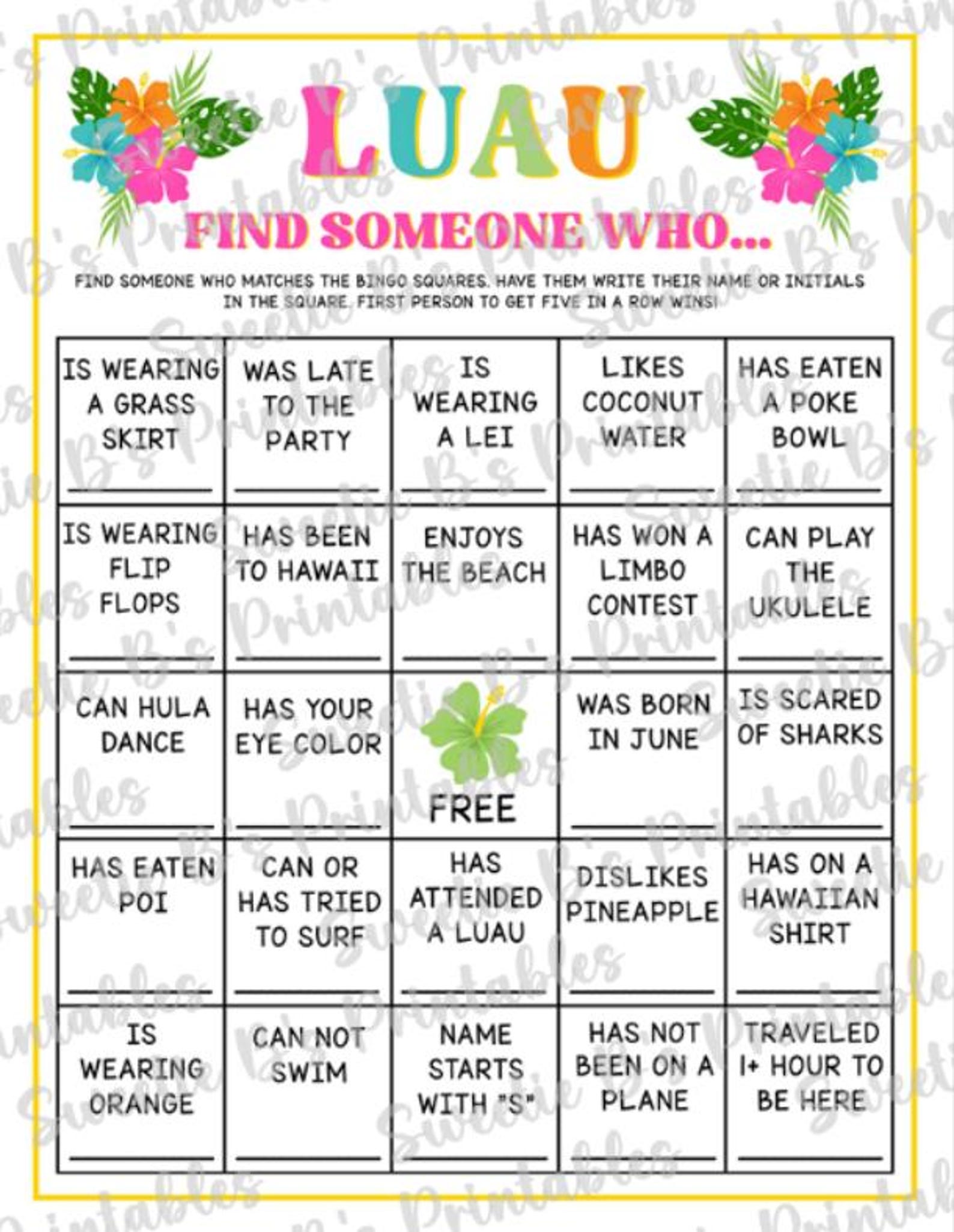 INSTANT DOWNLOAD Luau Mix & Mingle Bingo Printable - Luau Ice Breaker ...