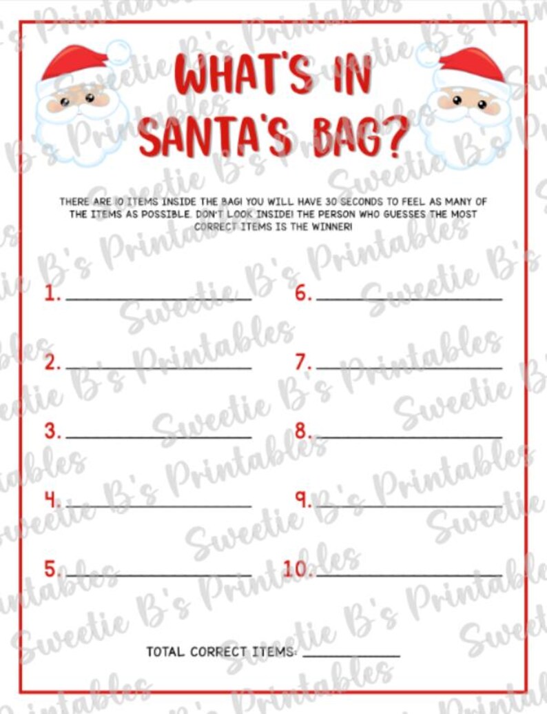 INSTANT DOWNLOAD What's in Santa's Bag Game Printable - Holiday Game ...