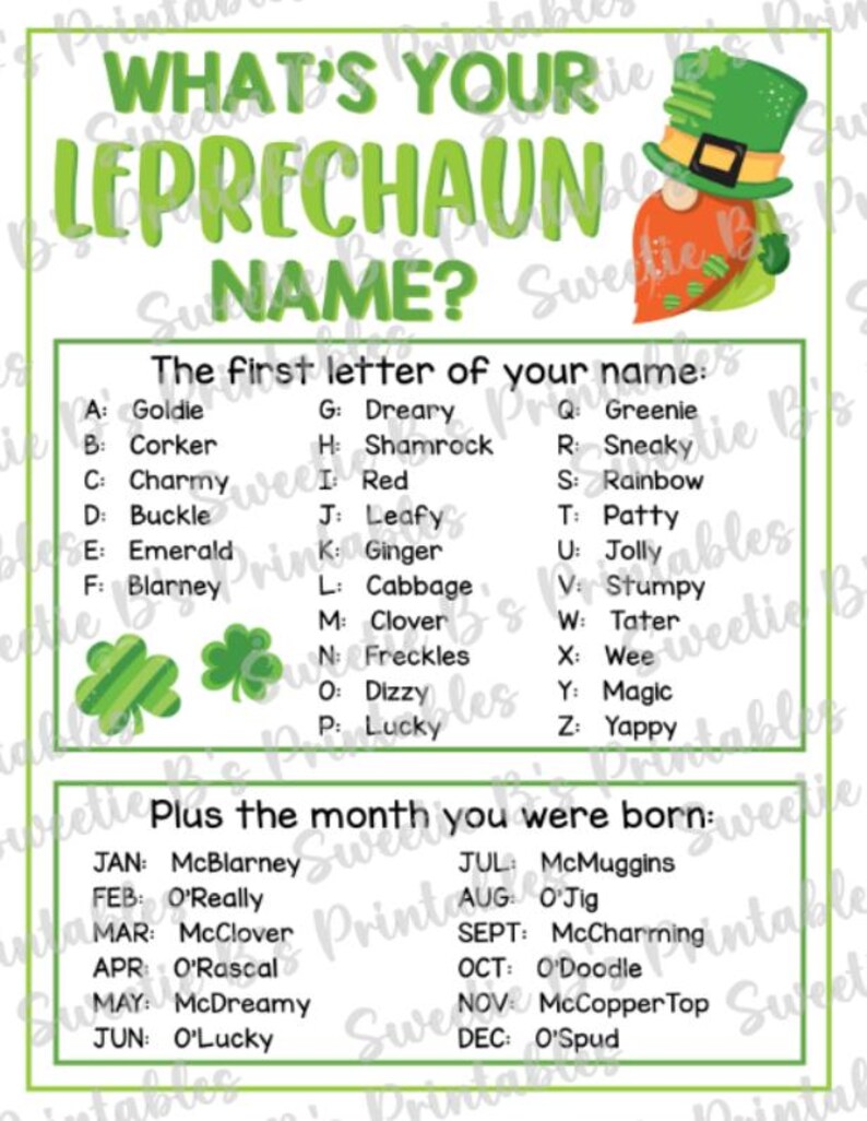 INSTANT DOWNLOAD What's Your Leprechaun Name Printable - St Patrick's ...