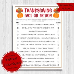 INSTANT DOWNLOAD Thanksgiving Fact or Fiction Game Printable - Autumn ...