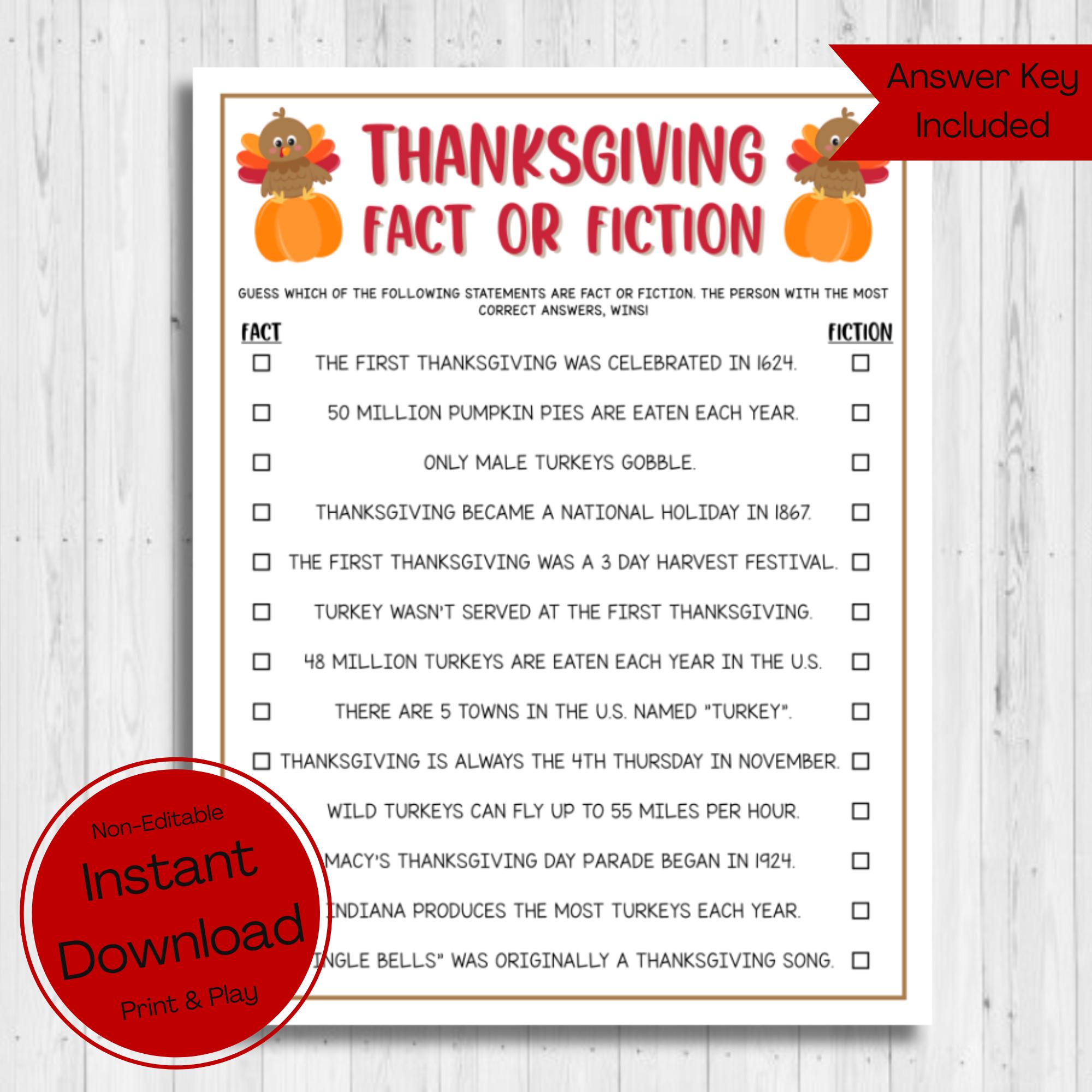 INSTANT DOWNLOAD Thanksgiving Fact or Fiction Game Printable - Autumn ...