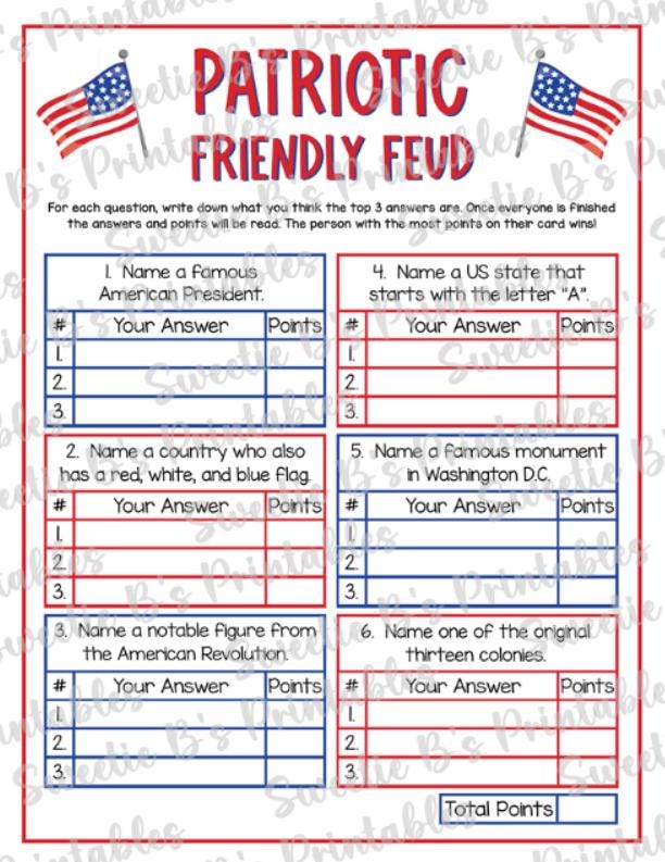 INSTANT DOWNLOAD Patriotic Friendly Feud Game Printable - 4th of July ...