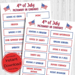 INSTANT DOWNLOAD 4th of July Pictionary or Charades Printable ...