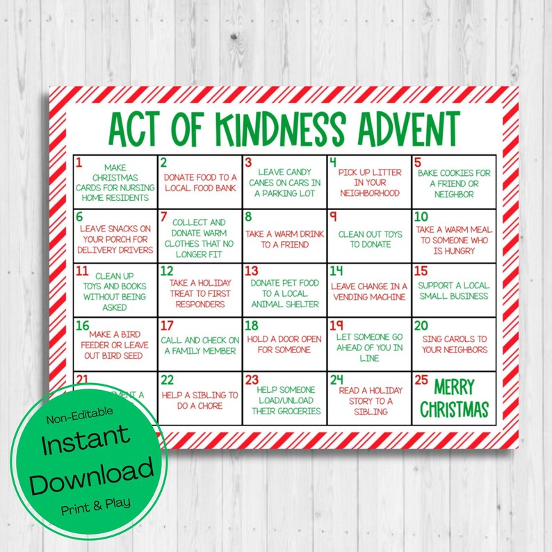 INSTANT DOWNLOAD Christmas Act of Kindness Advent Printable - Holiday ...