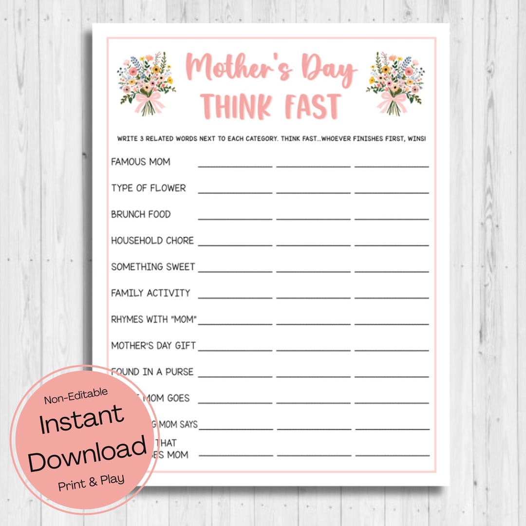 INSTANT DOWNLOAD Mother's Day Think Fast Game Printable - Mother's Day ...