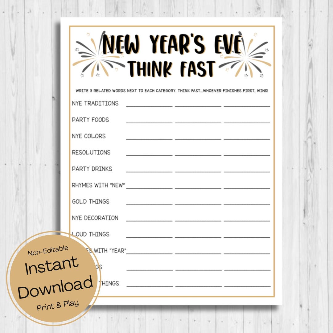 INSTANT DOWNLOAD New Year Think Fast Game Printable - Holiday Game ...