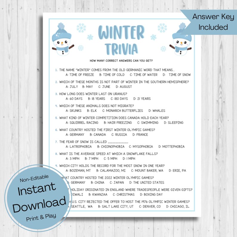 INSTANT DOWNLOAD Winter Trivia Game Printable - Holiday Game Printable ...