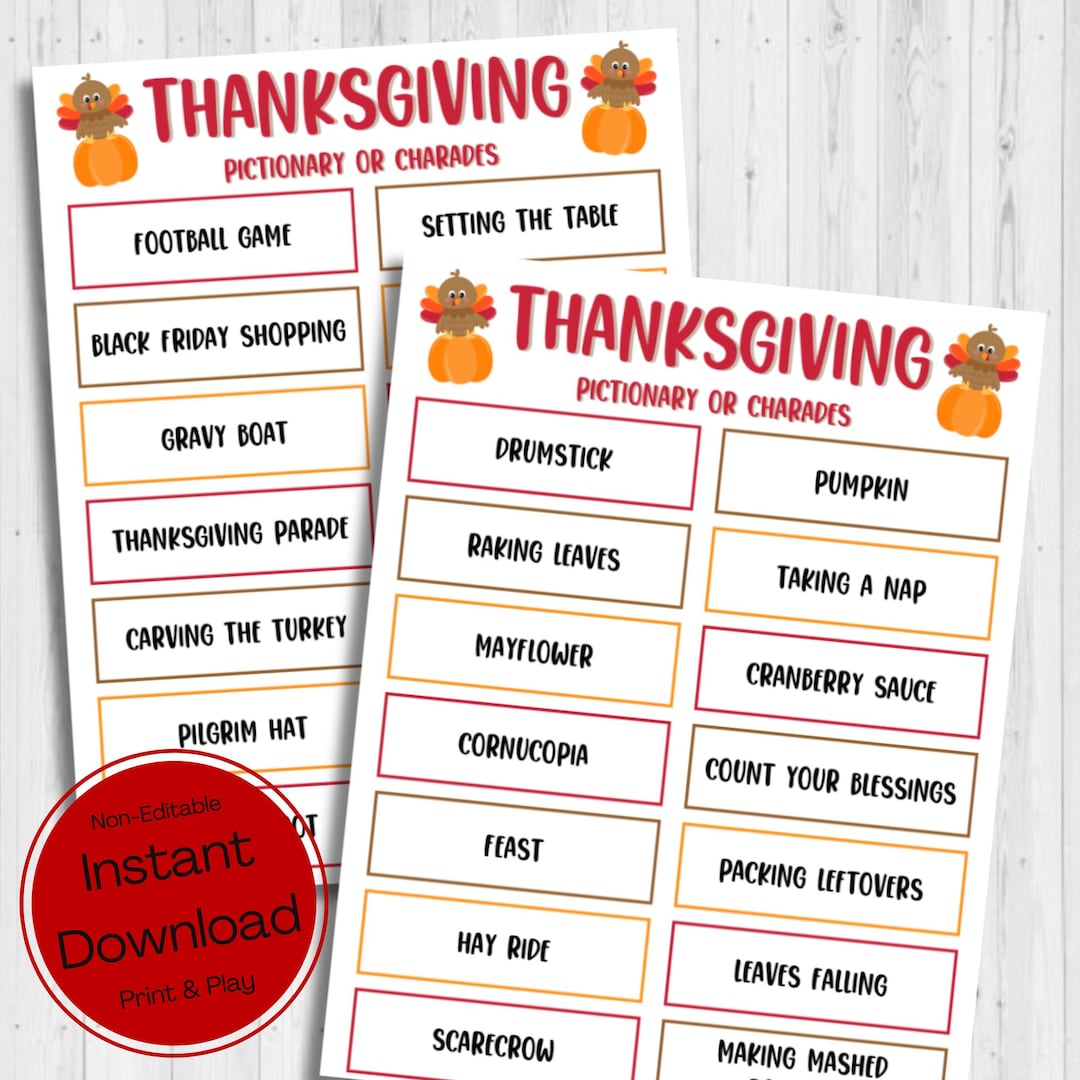 INSTANT DOWNLOAD Thanksgiving Pictionary or Charades Printable - Autumn ...
