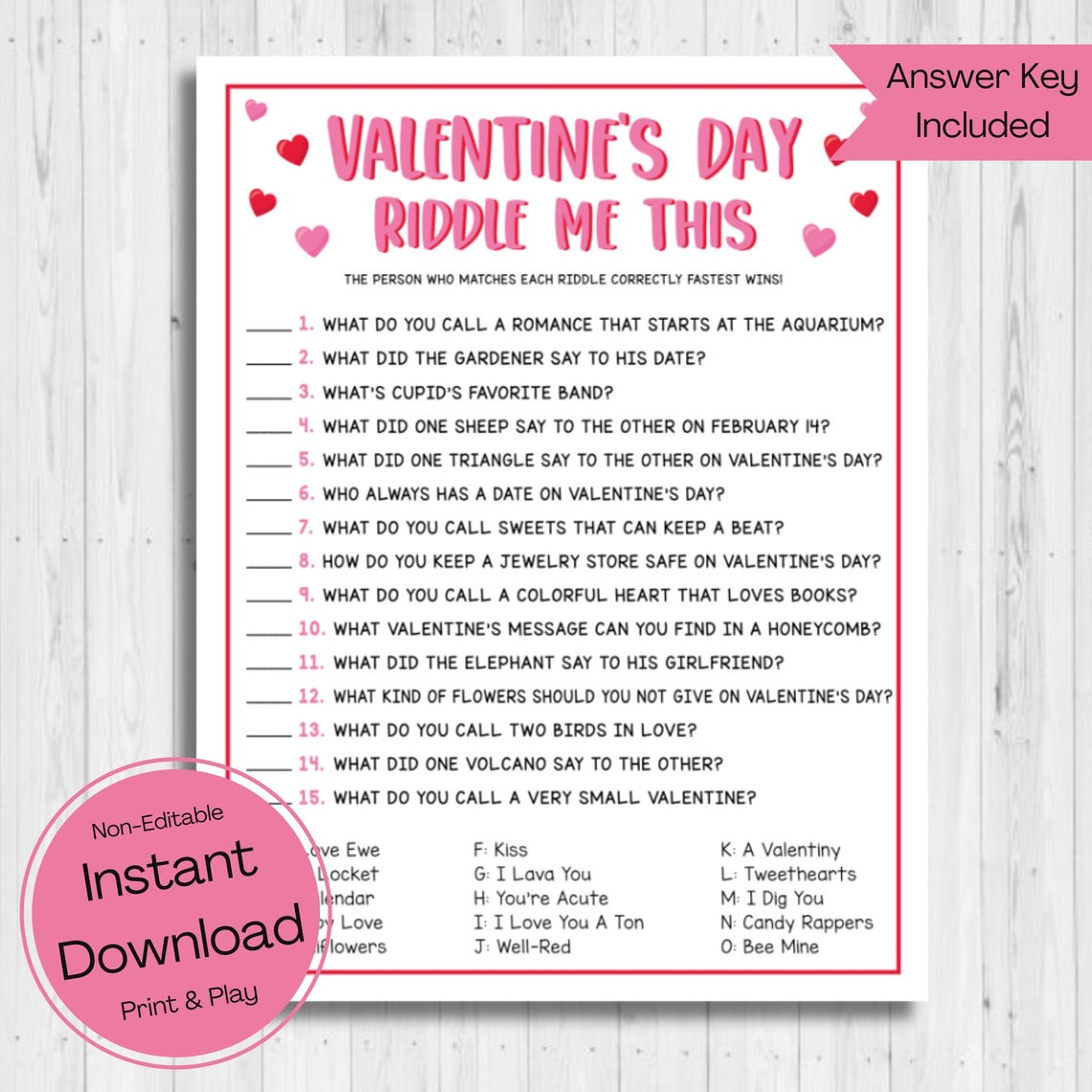 INSTANT DOWNLOAD Valentine's Day Riddle Game Printable -valentine's Day ...