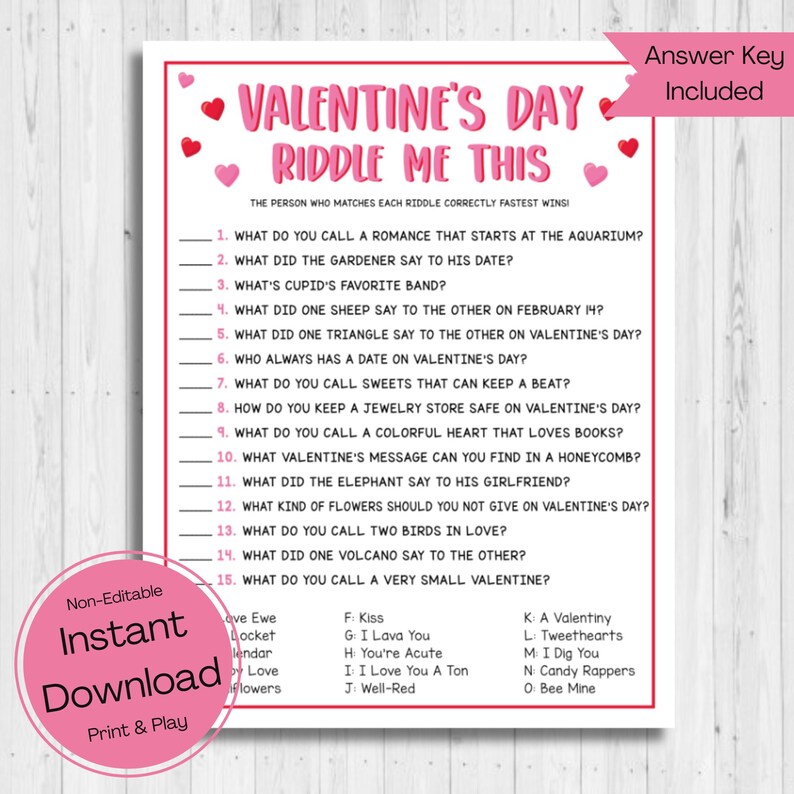 INSTANT DOWNLOAD Valentine's Day Riddle Game Printable -valentine's Day ...