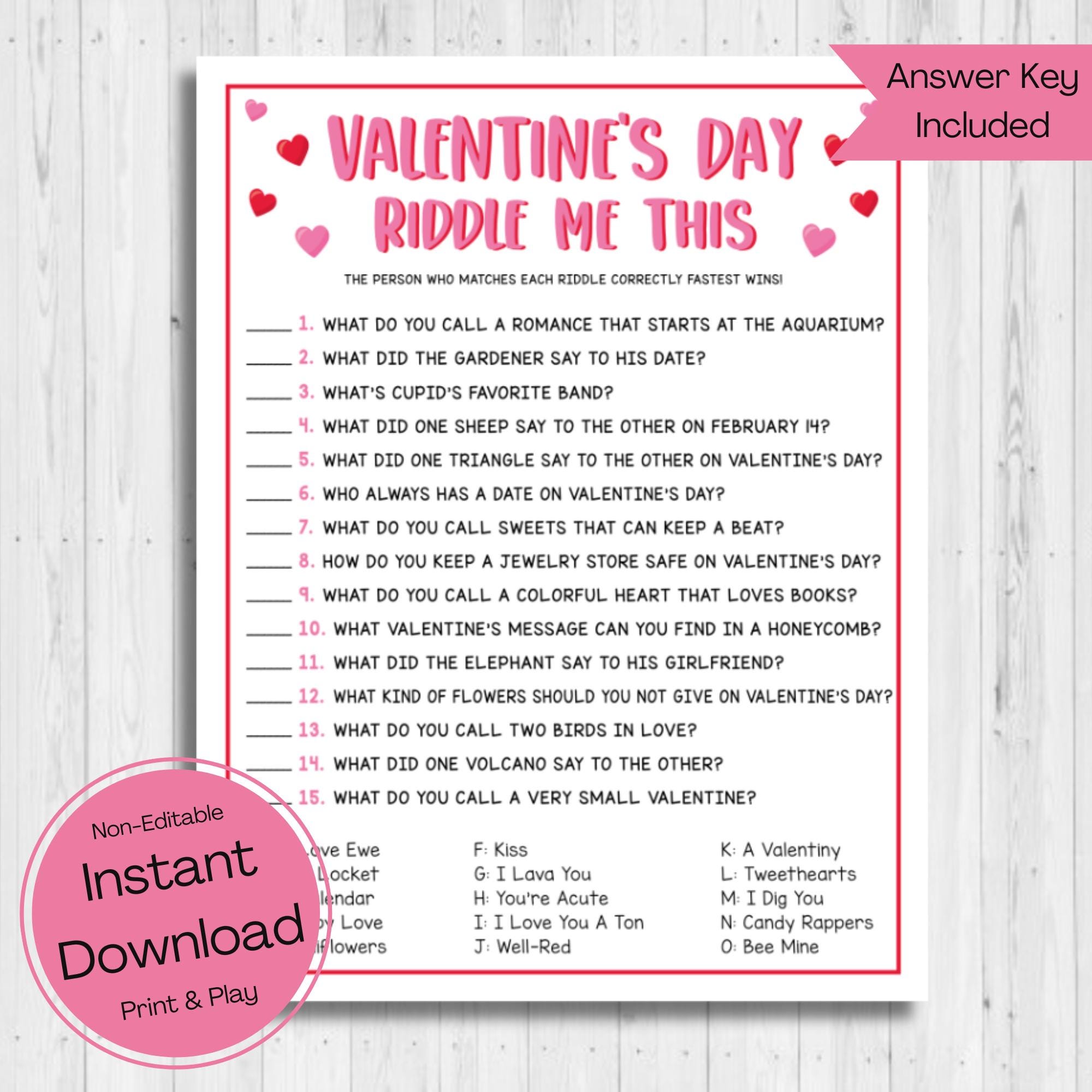 INSTANT DOWNLOAD Valentine's Day Riddle Game Printable -valentine's Day ...