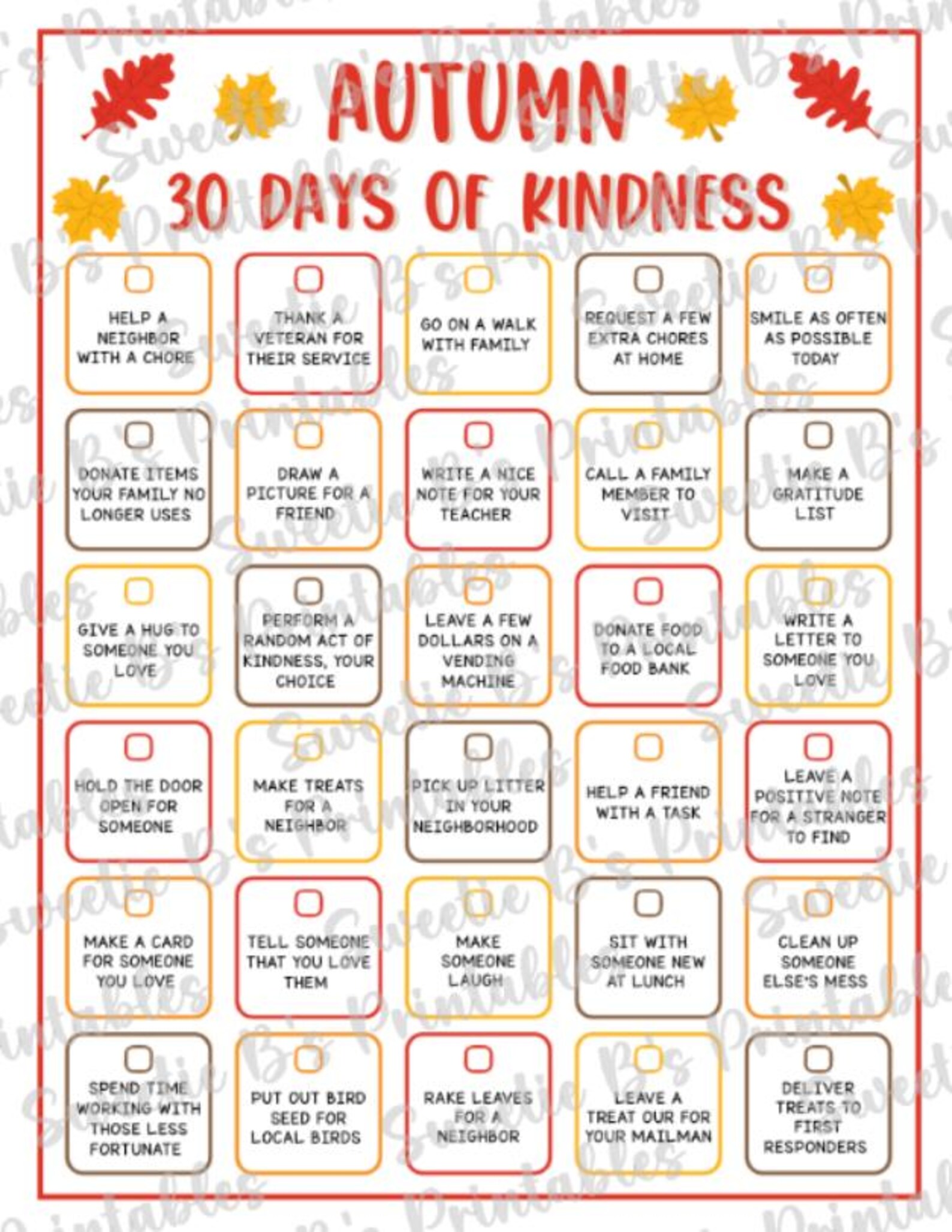 INSTANT DOWNLOAD Autumn 30 Days of Kindness Printable - Autumn Game ...