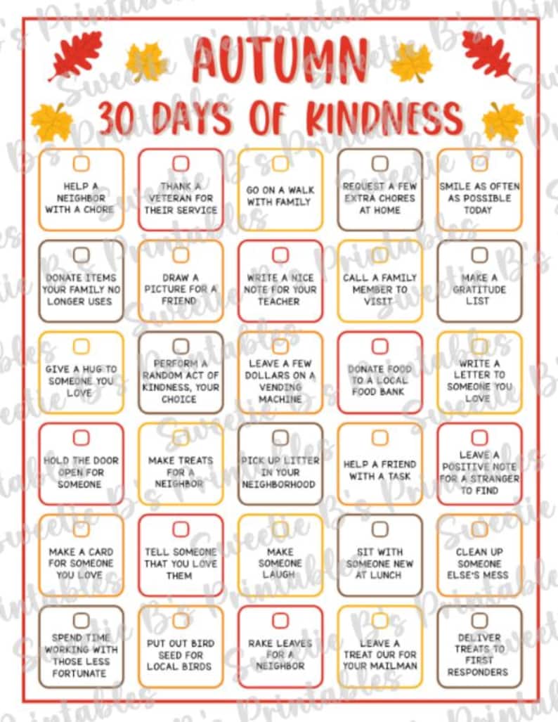 INSTANT DOWNLOAD Autumn 30 Days of Kindness Printable - Autumn Game ...