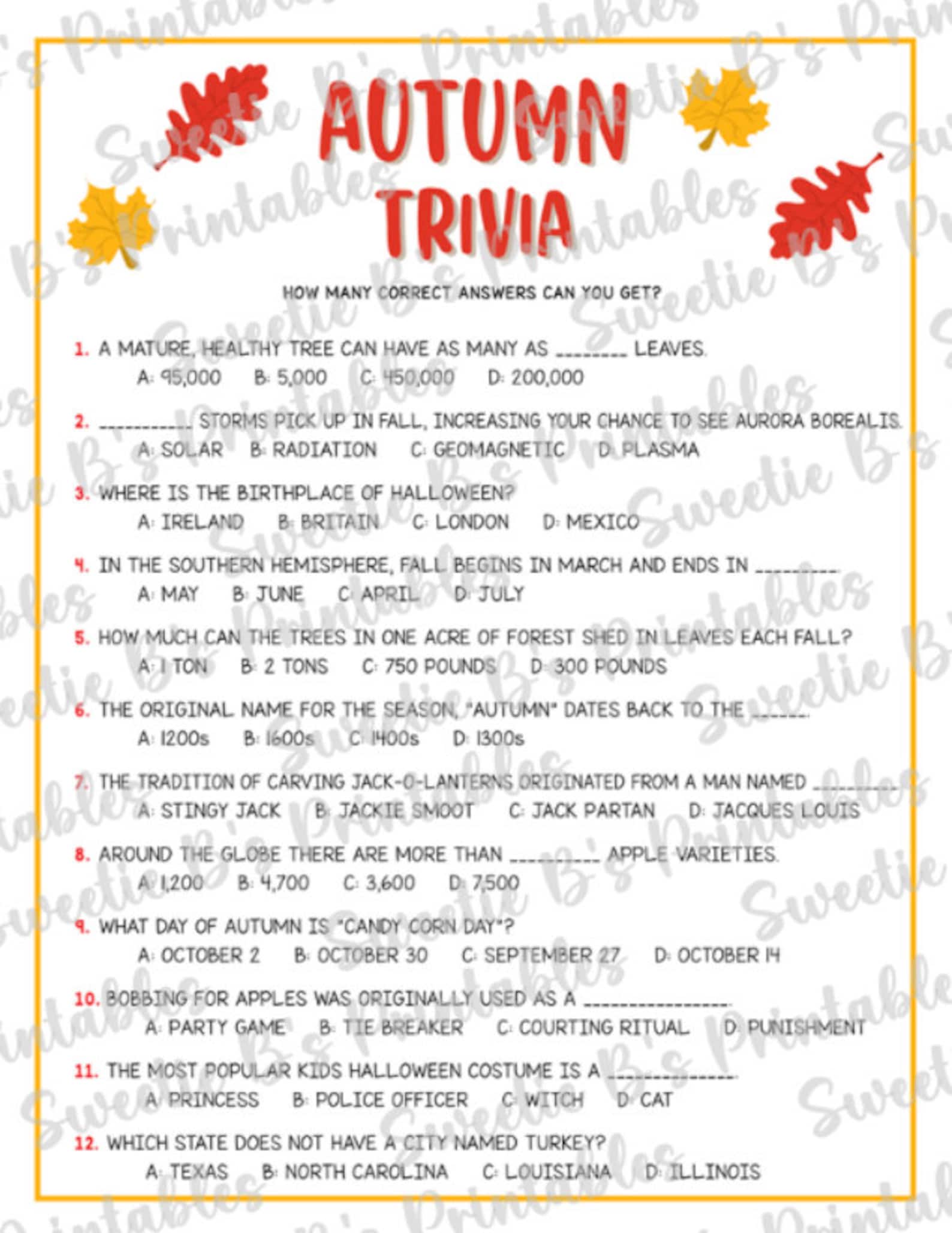 INSTANT DOWNLOAD Autumn Trivia Game Printable - Autumn Game Printable ...
