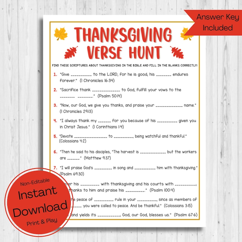 INSTANT DOWNLOAD Thanksgiving Bible Verse Scavenger Hunt Game - Bible ...
