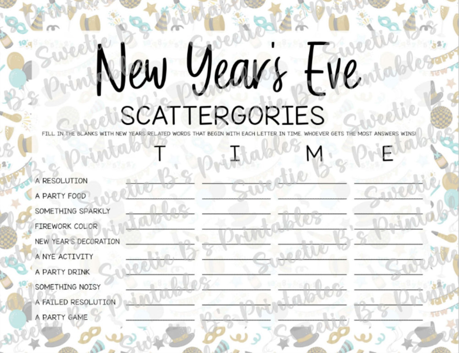 INSTANT DOWNLOAD New Year's Eve Scattergories Printable Game Bundle ...