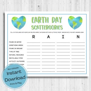 INSTANT DOWNLOAD Earth Day Scattergories Printable Game - Earth Day ...