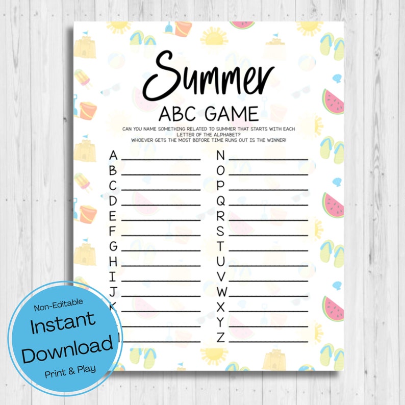 INSTANT DOWNLOAD Summer ABC Game Printable - Summer Game Printable ...